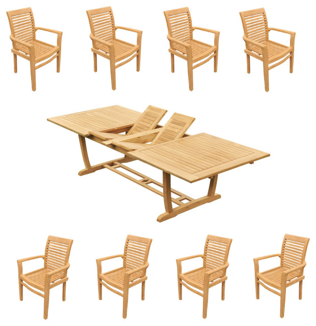 9-Piece Outdoor Teak Dining Set: 94" Masc Rectangle Table, 8 Mas Stacking Chairs - Transitional ...