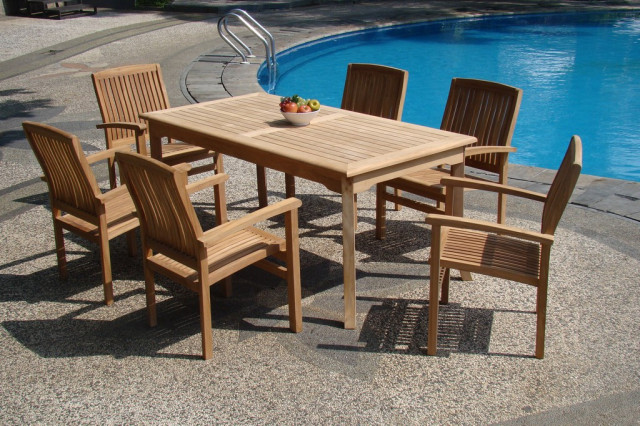 7-Piece Outdoor Teak Dining Set: 71" Rectangle Table, 6 Wave Stacking Arm Chairs - Transitional ...