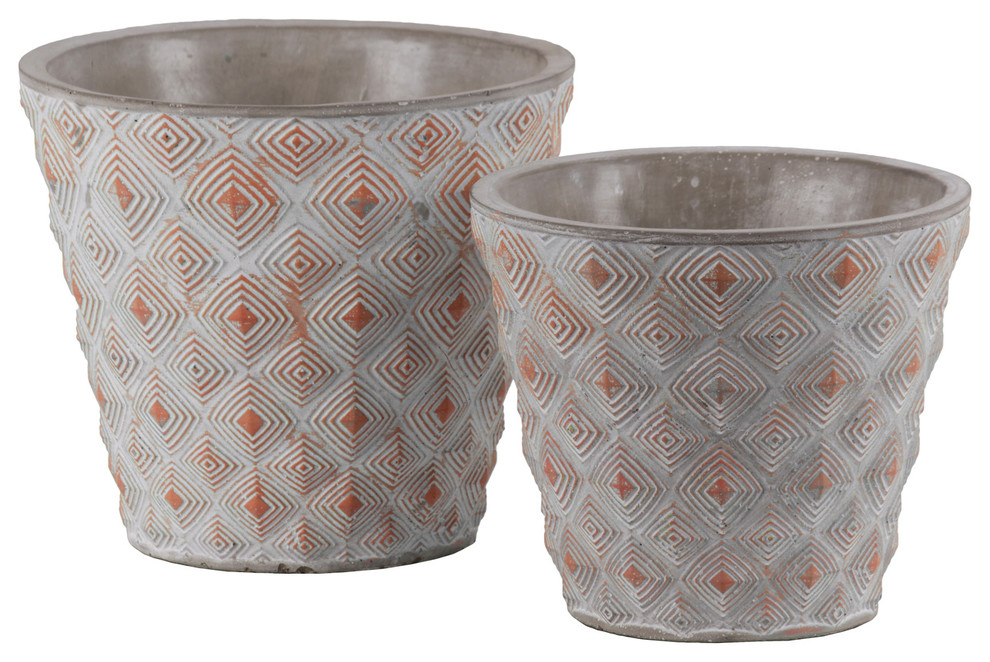 Cement Round Embossed Concentric Diamond Design Pot, Set of 2 ...