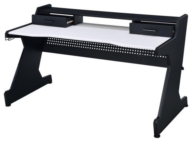 Bowery Hill Wooden Top 2-Drawer Gaming Table with Metal Frame in Black ...