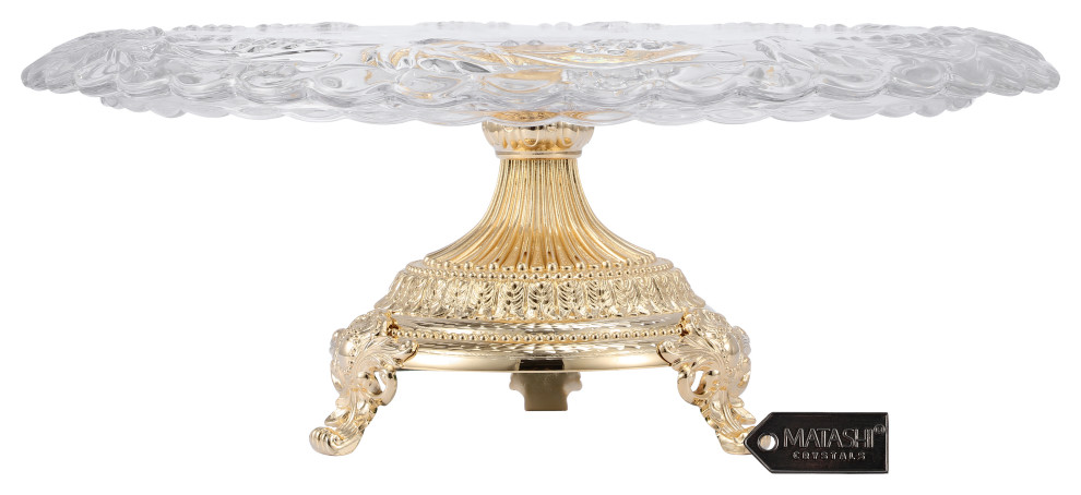Crystal Glass Etched Cake Plate With 24K Gold Plated Pedestal Base ...