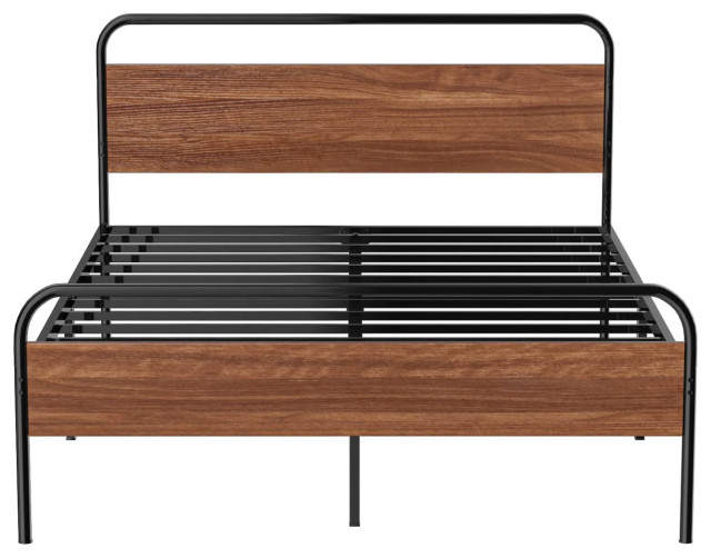 Modern Platform Bed, Metal Frame With Rounded Edges & Wooden Headboard ...