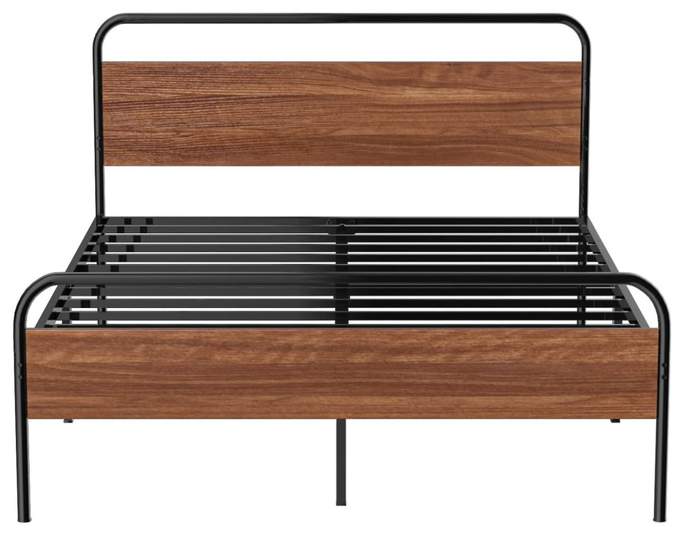 Modern Platform Bed, Metal Frame With Rounded Edges & Wooden Headboard ...