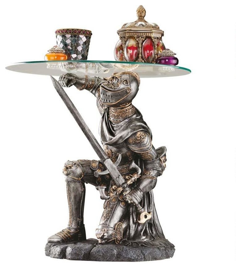 19" Medieval Knight Statue Sculptural Glass Topped Side Table ...