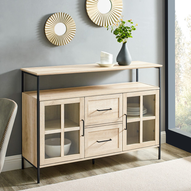 Industrial Farmhouse 2-Tier Glass Door Metal and Wood Buffet, White Oak ...