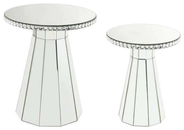 ACME Lotus Glass Accent Table with Round Top in Mirroed and Faux ...
