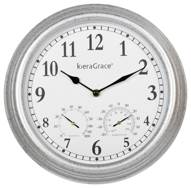 Kiera Grace Indoor/Outdoor Silver Galvin 12" Plastic Wall Clock ...