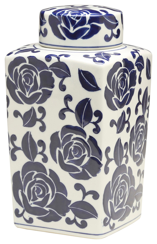 12" Square Blue & White Jar - Traditional - Decorative Jars And Urns ...