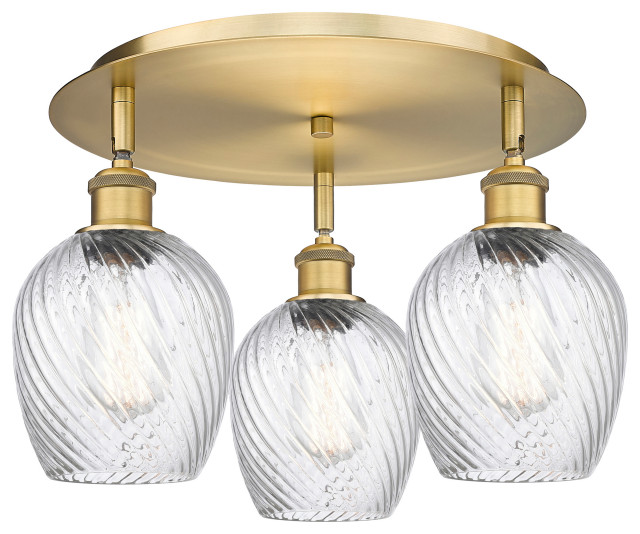 Salina-3 Light 17" Flush Mount-Brushed Brass, Clear Spiral Fluted Glass ...