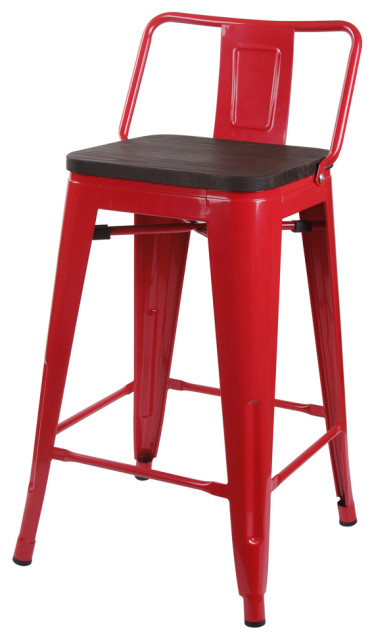 Lowback Red Metal Bar Stools, Dark Wooden Seat, Set of 1 - Industrial ...