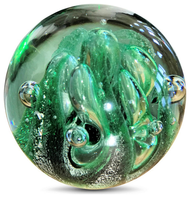 Emerald Green Tendril Bubbles, Paperweight, Handcrafted Art Glass, 3 1/ ...