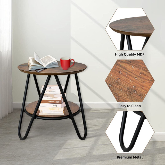 2-Tier Small Round Side Table, Rustic End Table with Storage Shelf, Set ...