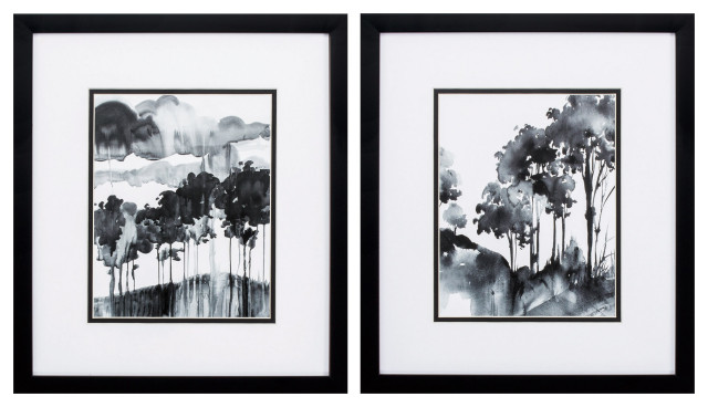 Set Of Two Black and White Trees Black Framed Print Wall Art ...