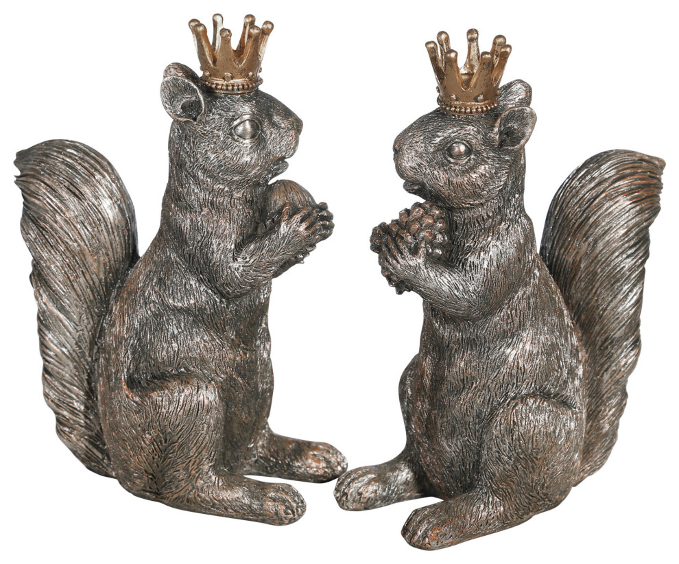 S/2 Resin 8" Squirrels W/crowns, Silver - Rustic - Decorative Objects ...