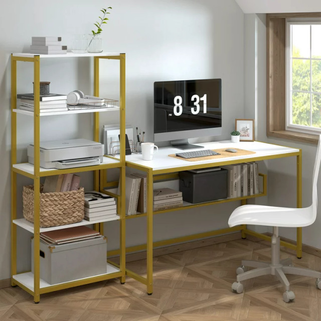 Multifunctional Desk, Golden Metal Frame & Spacious Top With Raised ...