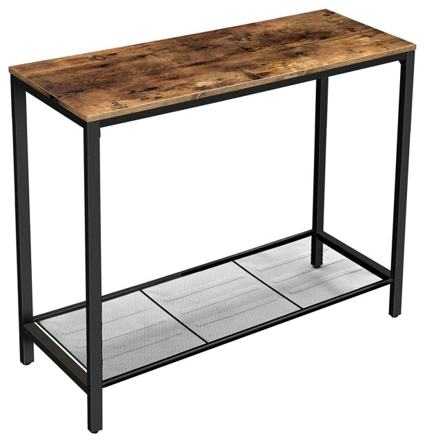 Mesh Shelf Wood Top Metal Frame Console Table, Brown and Black ...