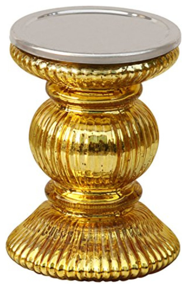 Benzara Handmade Glass Pillar Candle Holder With Ribbed Design Gold