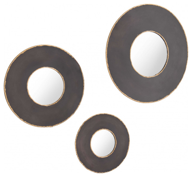 Set of 3 Matte Black and Antiqued Gold Round Mirrors - Contemporary ...