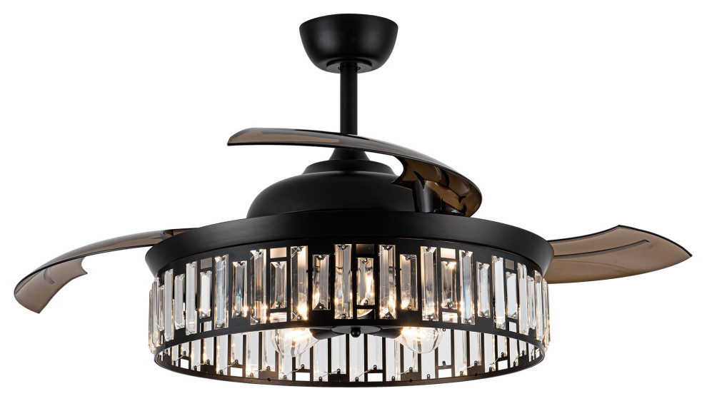 52 in Indoor Modern Black Crystal Smart Ceiling Fan With Light and ...