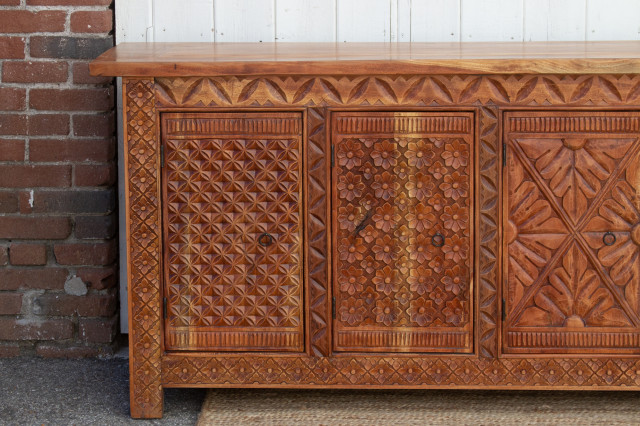 Very Long Carved Reclaimed Wood Coromandel Sideboard - Mediterranean ...