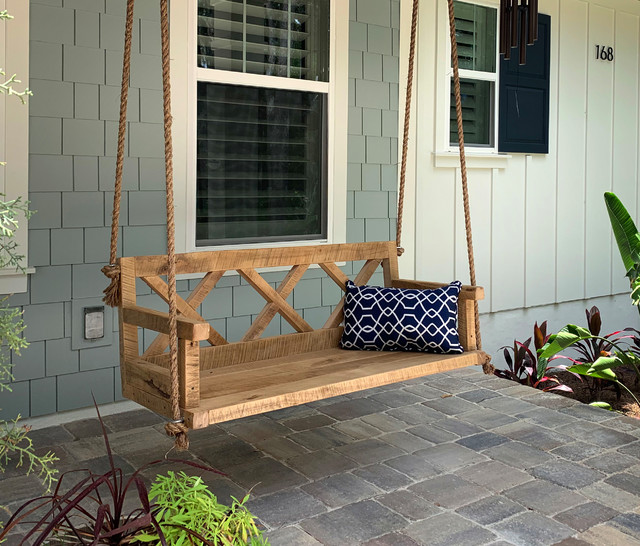 Farmhouse Porch Swing Made From Reclaimed Wood - Beach Style - Porch ...