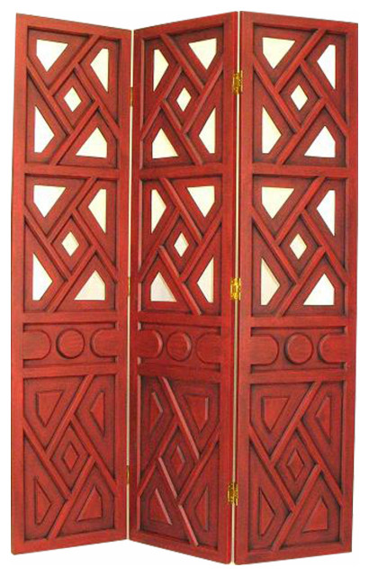 Wooden 3 Panel Room Divider with Geometric Design, Red - Transitional ...