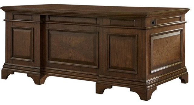 Pemberly Row Executive Desk with File Cabinets in Burnished Oak ...