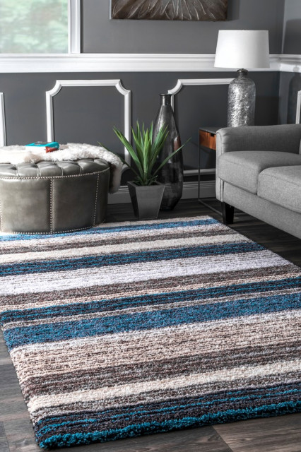 Hand-Tufted Striped Shaggy Plush Shag Rug, 10'x14' - Contemporary ...