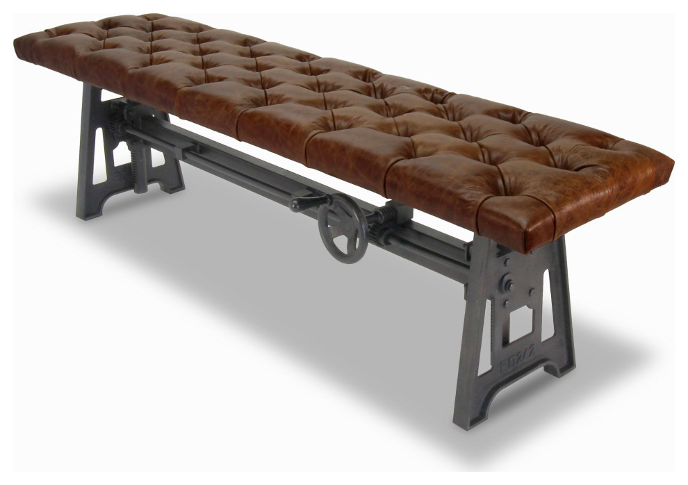 Industrial Dining Bench Seat Cast Iron Base Adjustable Brown Leather Top - Industrial - Dining ...