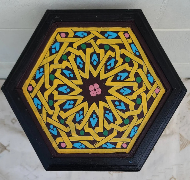 Small Moroccan Hexagonal Hand Painted Wooden Side Table, Maroon Zouak ...