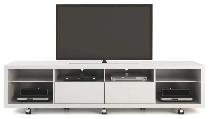 Modern White Gloss TV Stand with Shelves, Storage Drawers, and Wheels ...