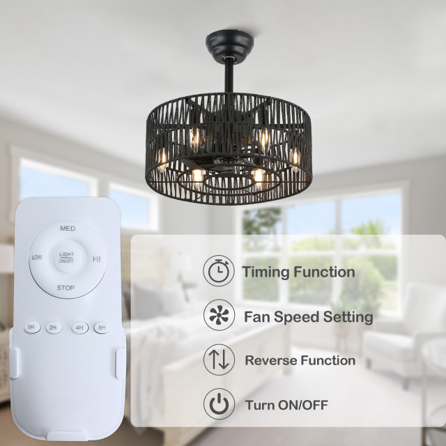 18 Woven Rope Drum Ceiling Fan with Light and Remote Control, 3-Speed ...