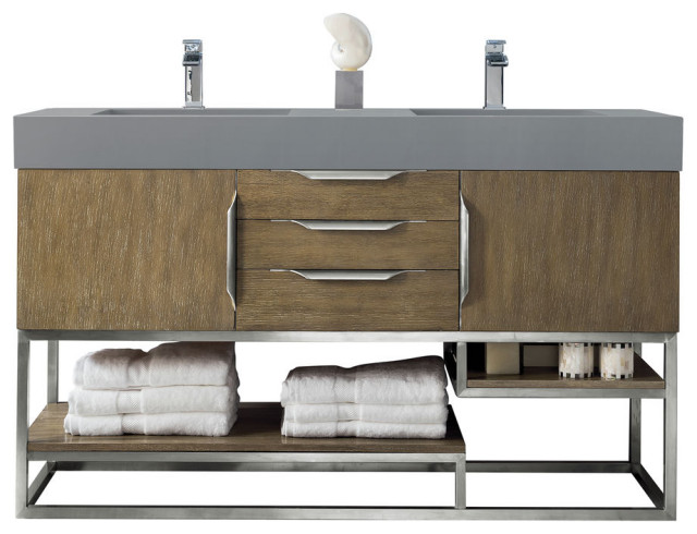 Columbia 59" Double Vanity, Latte Oak, Dusk Gray Glossy Composite Top ...