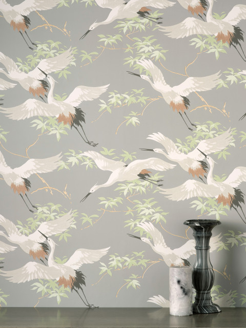Saura Light Grey Cranes Wallpaper, Swatch - Asian - Wallpaper - by ...