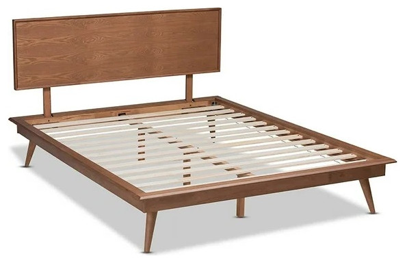 Mid-Century Modern Full-Size Platform Bed with Walnut Brown Finished ...
