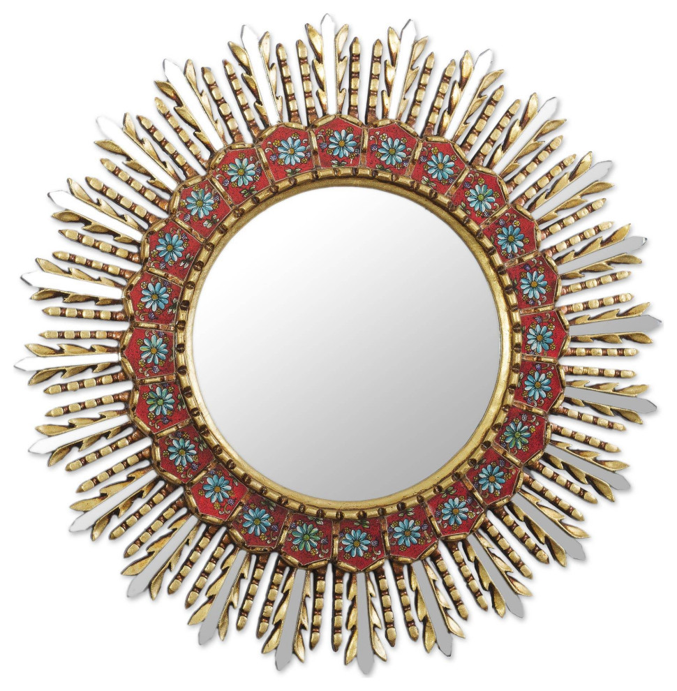 NOVICA Floral Rays And Bronze Gilded Reverse-Painted Glass Wall Mirror ...