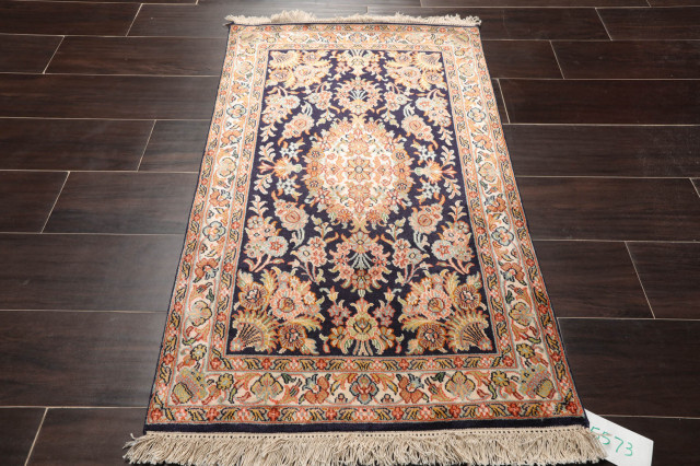 2'x3'2'' Hand Knotted Silk 350 KPSI Area Rug, Navy, Ivory Color, 2x3 ...