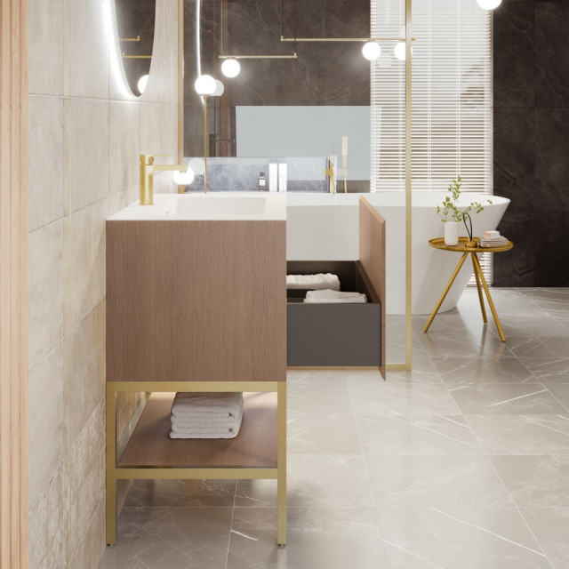 Iris 30"W Oak Freestanding Vanity With White Solid Surface Integrated ...