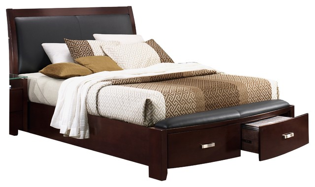 Labeth Queen Sleigh Platform Bed with Footboard Storage Dark Espresso ...