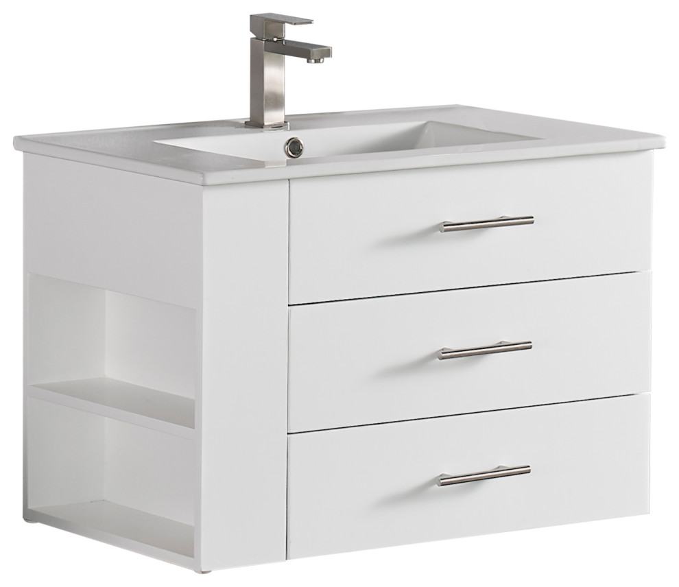 30" Left Side Shelf Vanity Wood Body With Premium White Ceramic ...