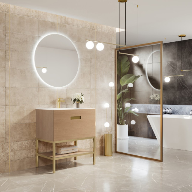 Iris 30"W Oak Freestanding Vanity With White Solid Surface Integrated ...