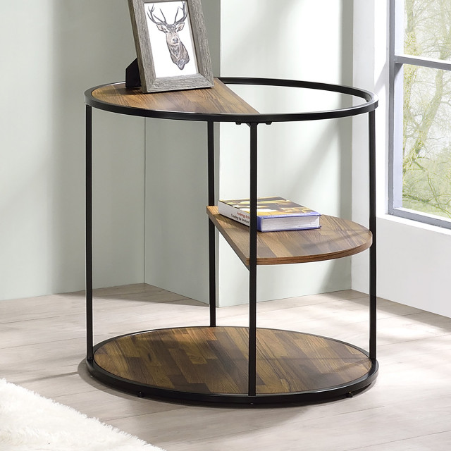 Contemporary End Table, Metal Frame With Scalloped Walnut Wooden ...