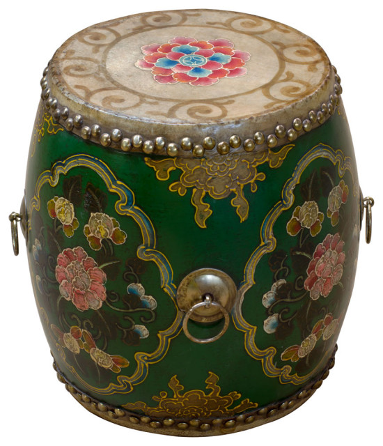 Green Tibetan Ceremonial Drum with Hand Painted Floral Art - Asian ...