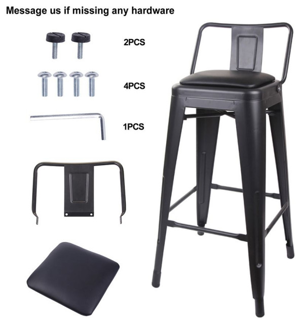 Black 30" Low Back Metal Bar Stools With Vegan Leather Seat Set of 8 ...