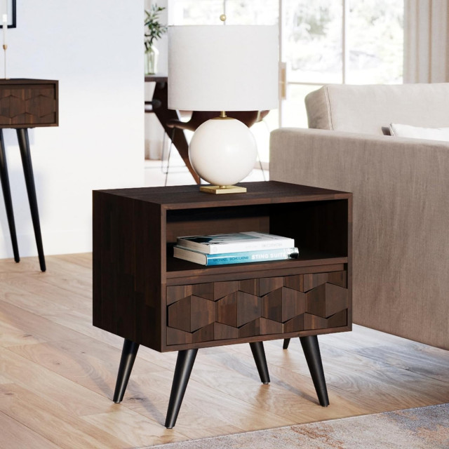 Modern Nightstand, Geometric Accented Drawer & Upper Open Shelf ...
