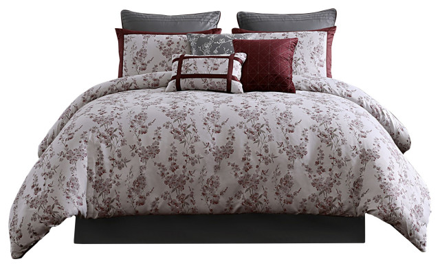 Benzara BM283871 9 Piece Queen Comforter Set, Orchid Flower Print, Red ...