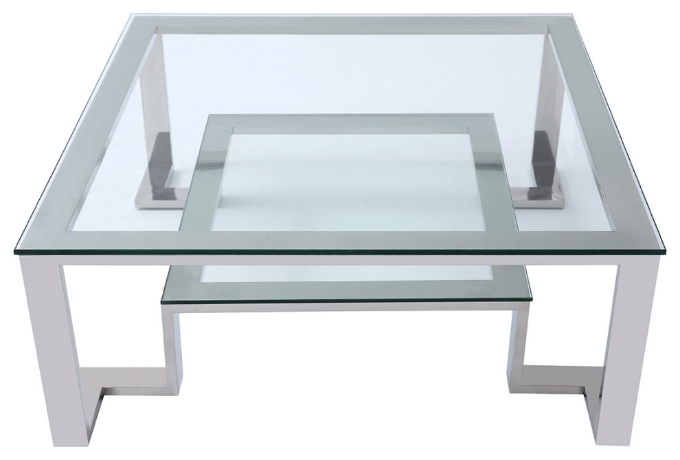 Fab Coffee Table, Square Clear Glass, Stainless Steel Base ...