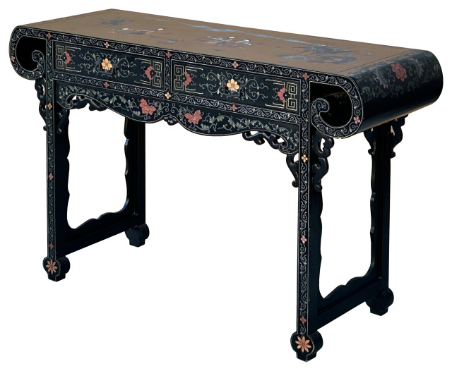 Vintage Oriental Black Lacquer Color Graphic Scroll End Console Table ...
