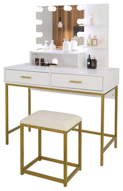 Contemporary Vanity Set, LED Lighted Mirror With Open Shelves & Drawers ...