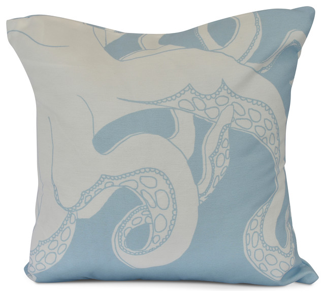 Octopus, Animal Print Outdoor Pillow,Light Blue, 16" x 16" - Beach ...